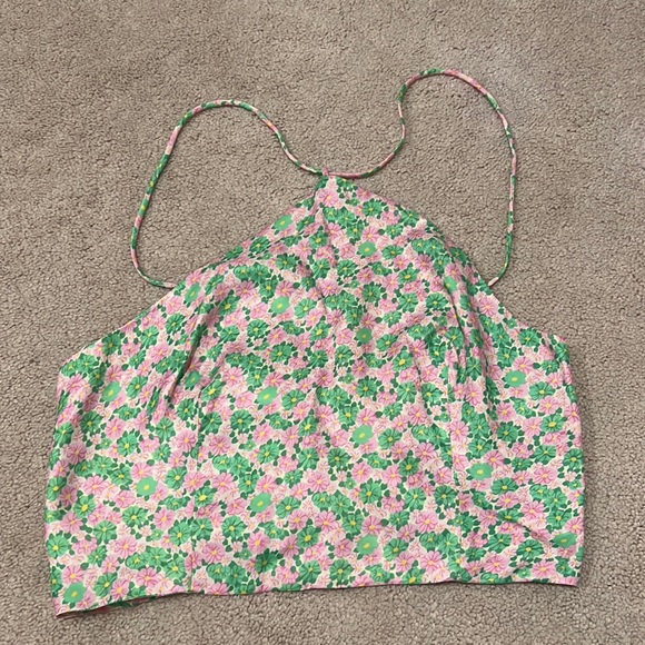 Zara | Tops | Green Pink Floral Crossback Triangle Croptop | Poshmark
